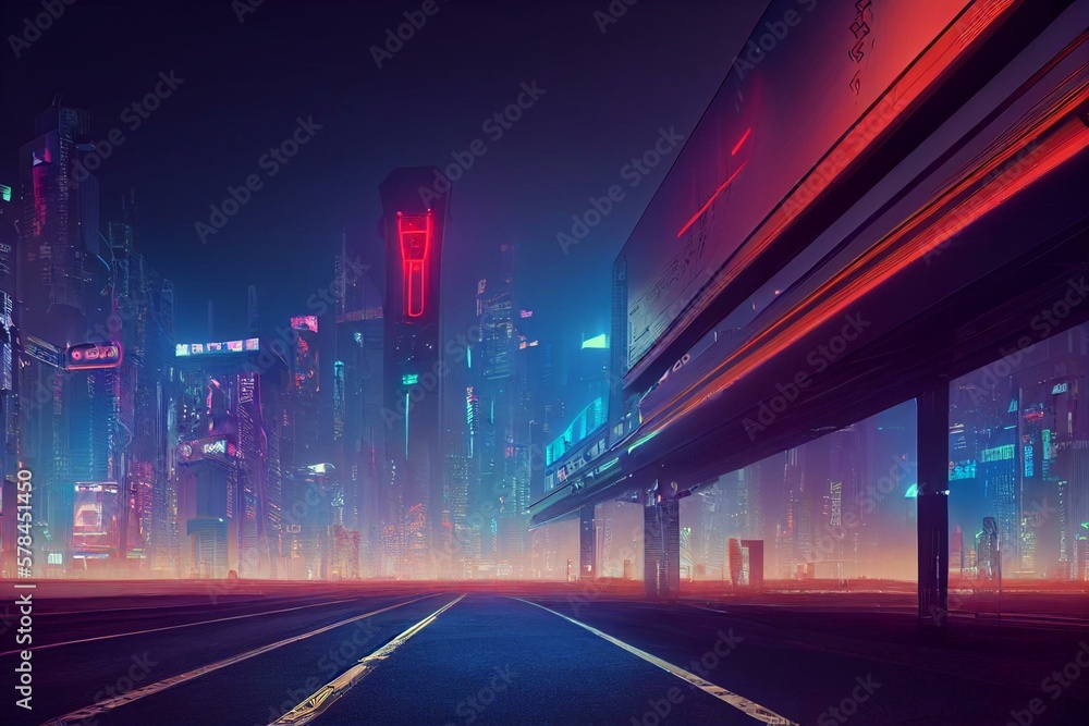 Futuristic neon cyberpunk city with the silhouette of an alien hero ...