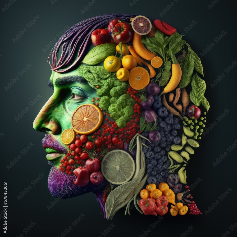 Silhouette of a person's head composed of fruits and vegetables ...
