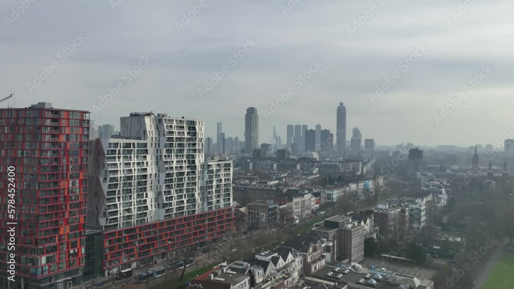 A breathtaking aerial view of the Rotterdam skyline as the drone rises ...