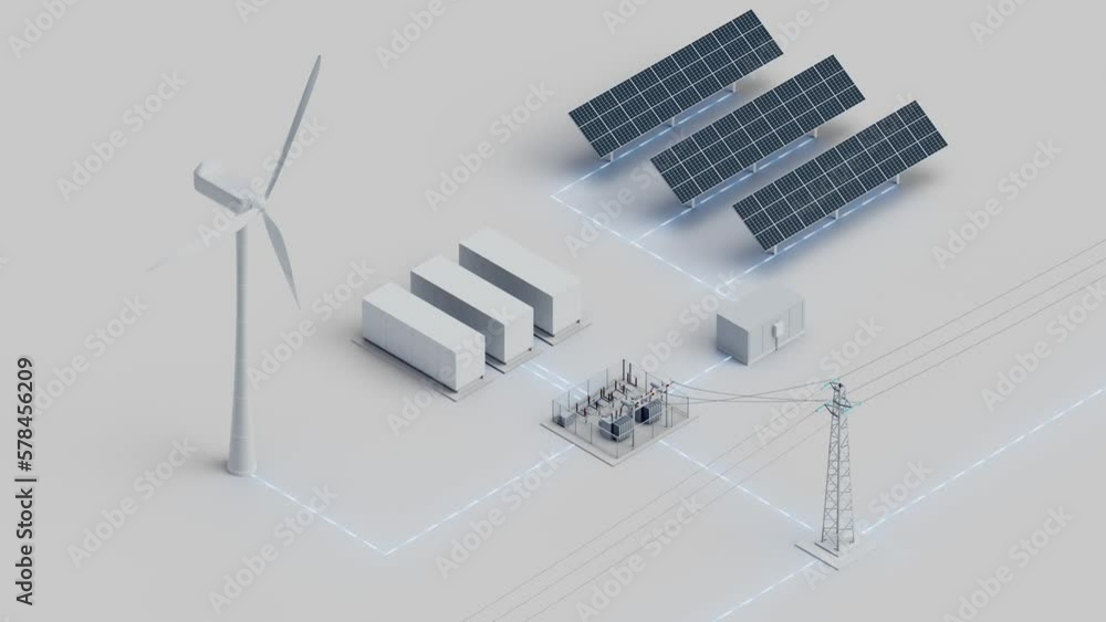 Wind turbine, solar panels and energy storage connected to the power ...