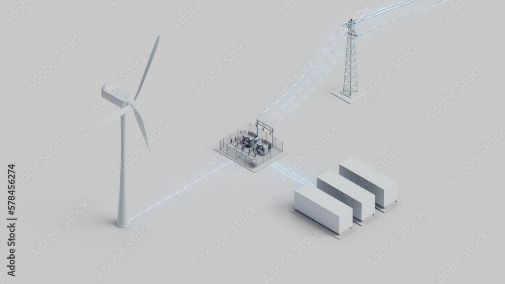 The wind turbine and energy storage connected to the substation and to ...