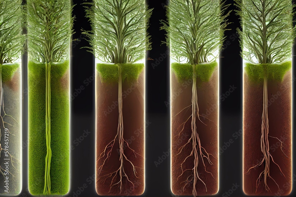 Root system of a tree growing deep through layers of soil and rock ...