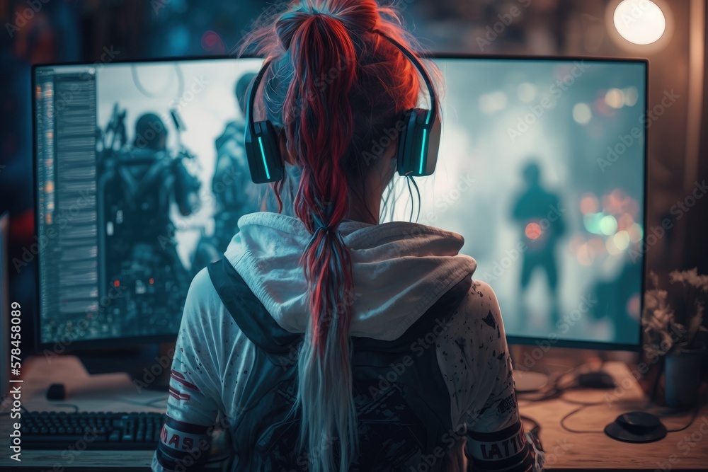 Gamer girl playing on computer, back view of gamer girl looking at ...