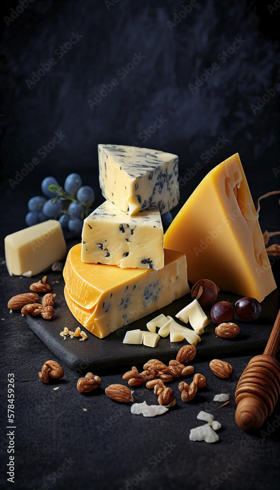 world cheese day Vertical shot of fancy ingredients: a wooden board ...