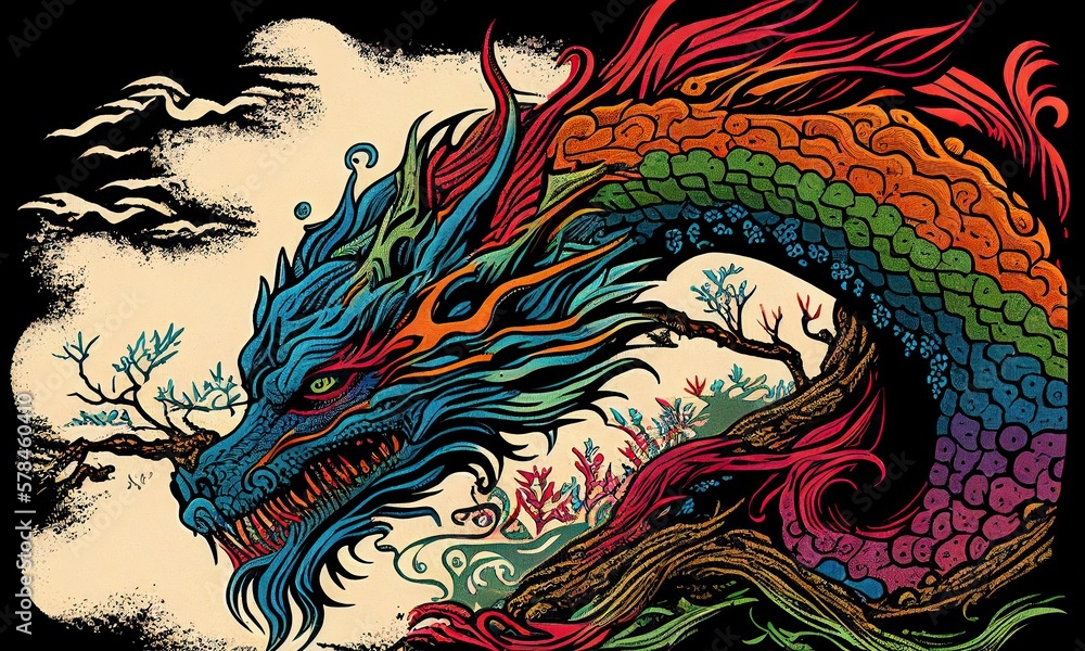 Psychedelic Dragon in Japanese Woodblock Print Style: A Vibrant and ...