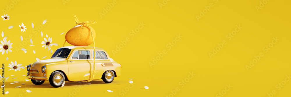 Cute yellow car with Easter egg on the roof. Easter is coming concept ...