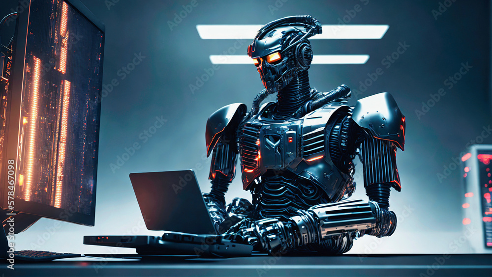 Illustrazione Stock silver metallic android robot writing on a laptop ...