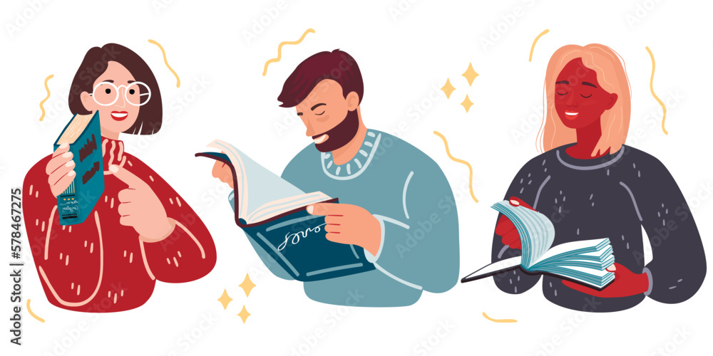 People reading books.Collection of characters with storybooks or ...