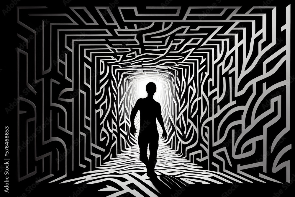 Person wanders in labyrinth of his consciousness. Man silhouette in ...