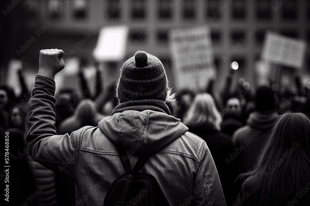 Back view of aggresive people protesting at city street. Protest ...