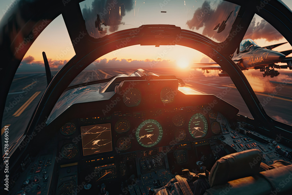 Jet fighter cockpit at sunset. Military aviation. Created with ...