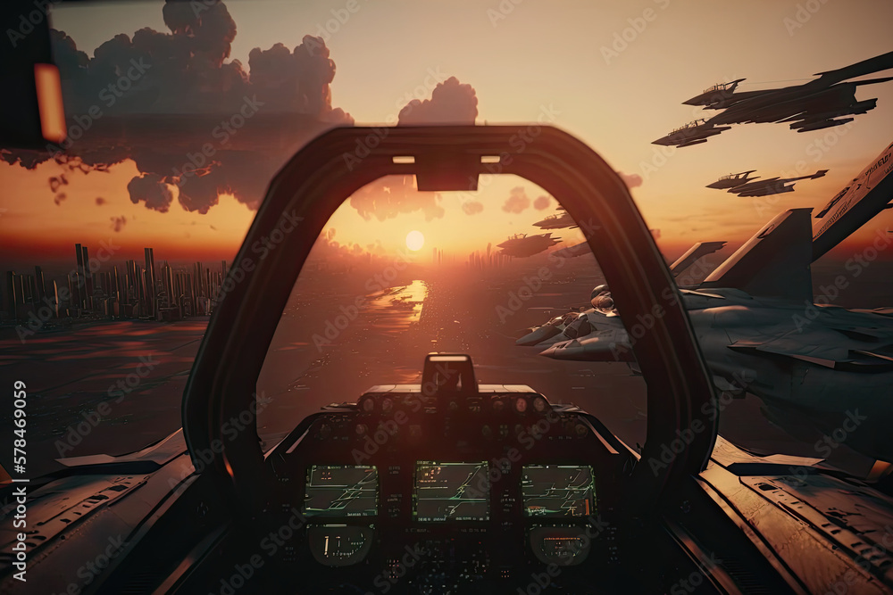 Jet fighter cockpit at sunset. Military aviation. Created with ...