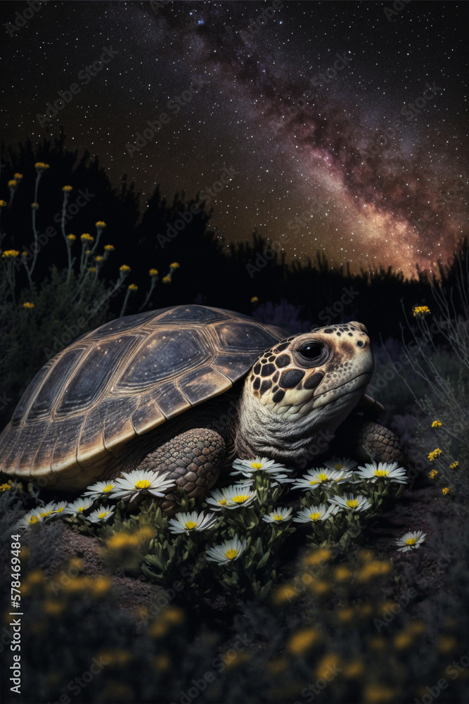 professionnal wildlife photo of a Turtle among flowers,illustration ...