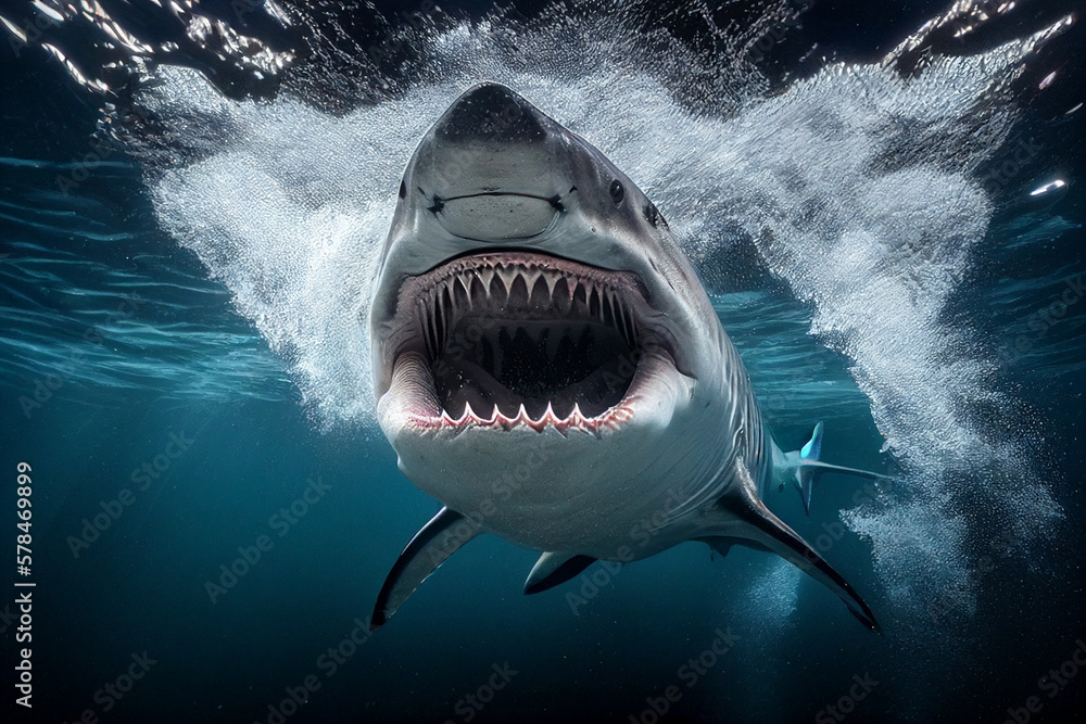 Shark with open mouth and huge teeth during attack. Tiger shark ...