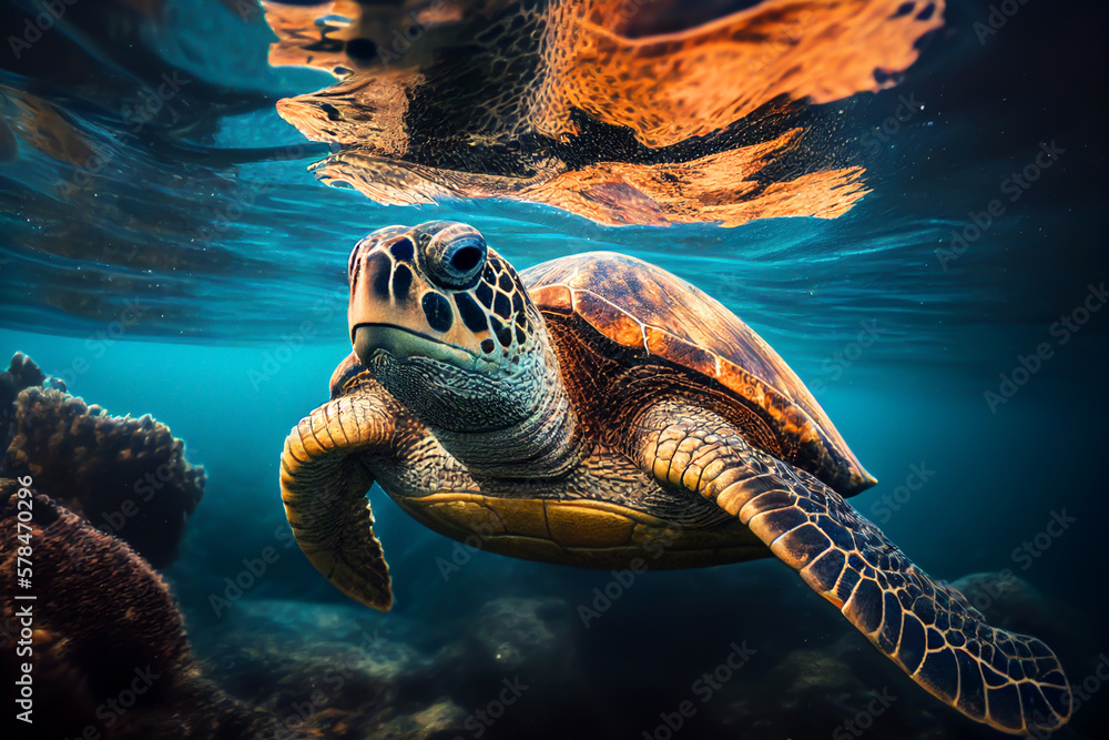 Turtle underwater in the sea. Sea Turtle swims underwater. Green sea ...