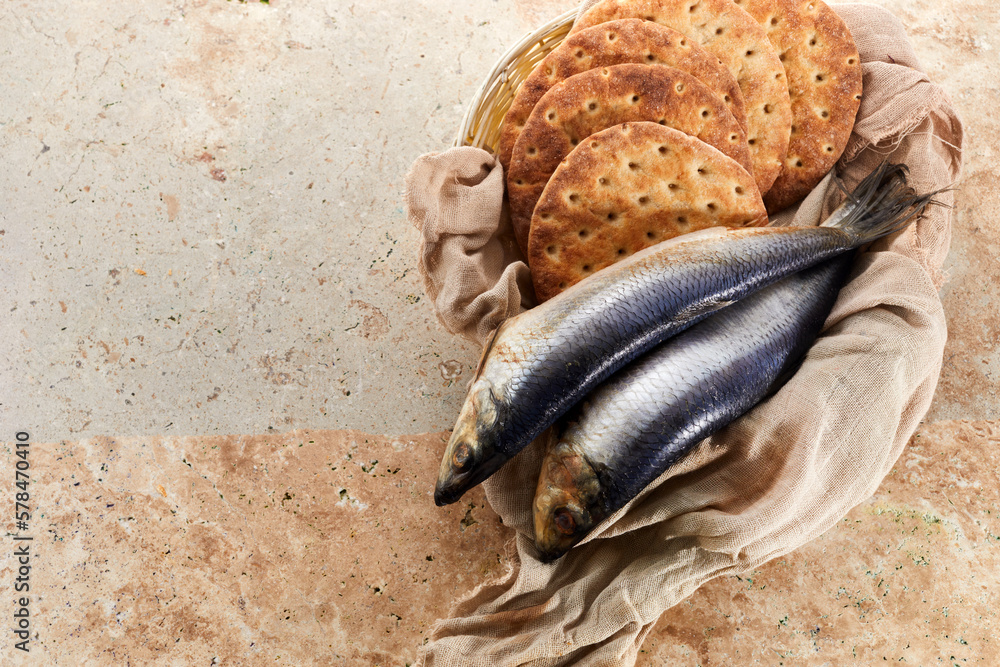 Catholic still life of five loaves of bread and two fish | Uwalls.co.uk