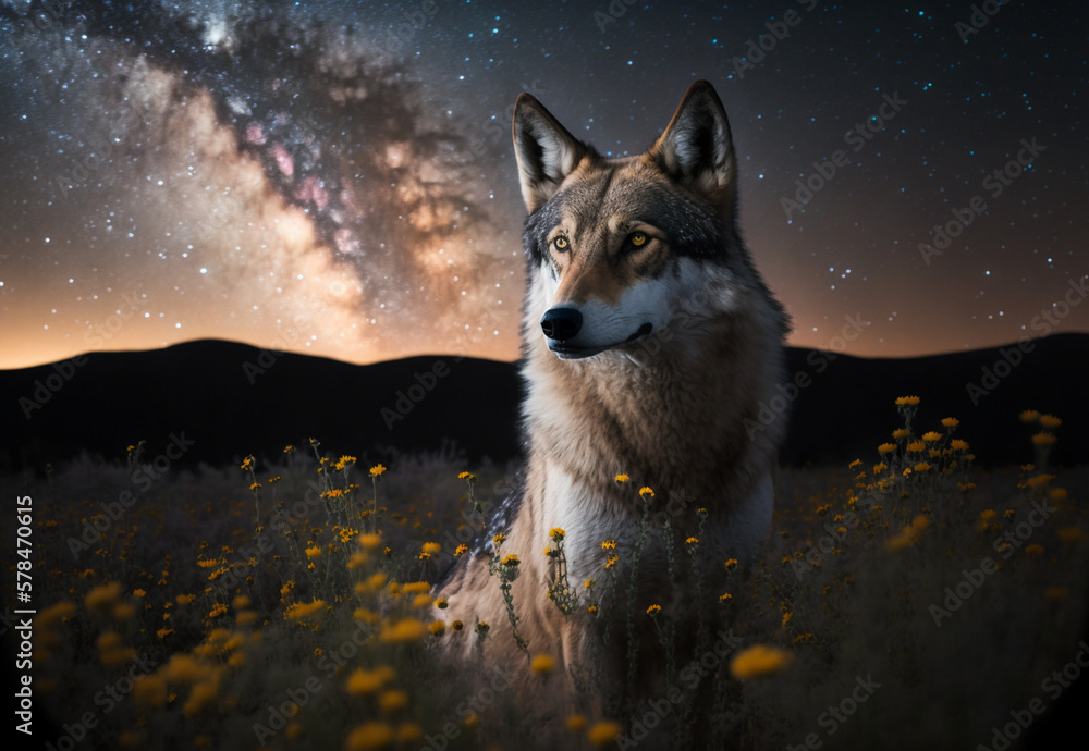 professionnal wildlife photo of a Wolf among flowers,illustration ...
