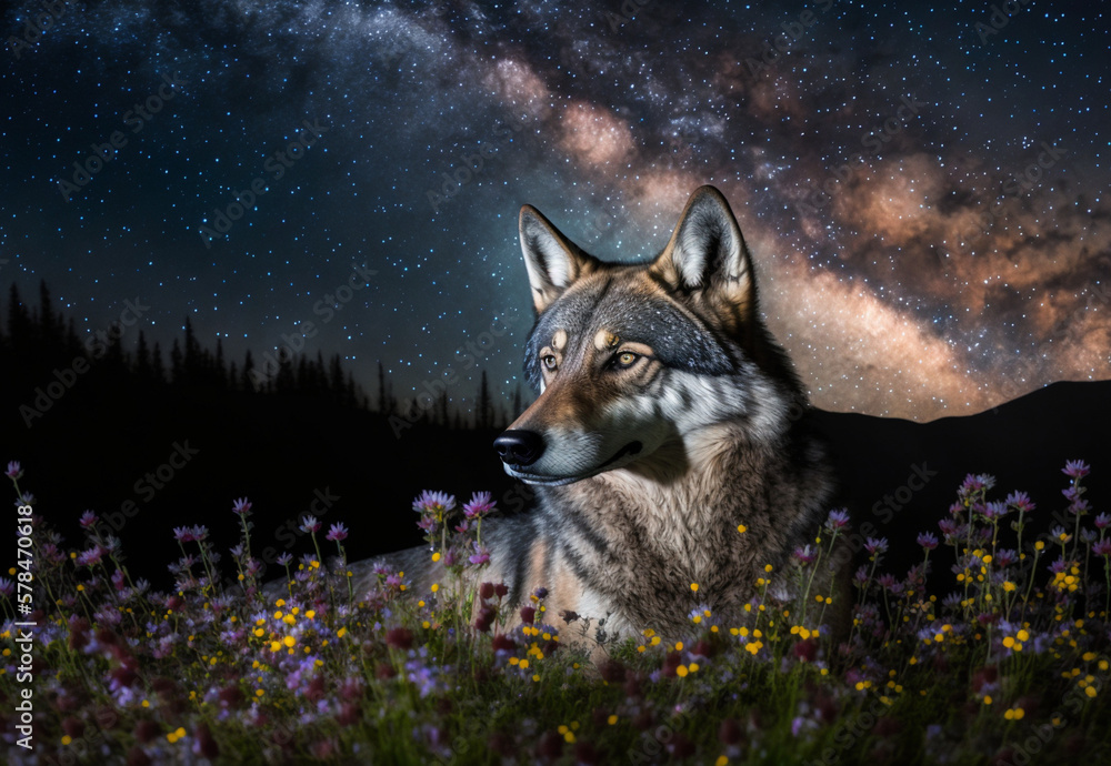 professionnal wildlife photo of a Wolf among flowers,illustration ...