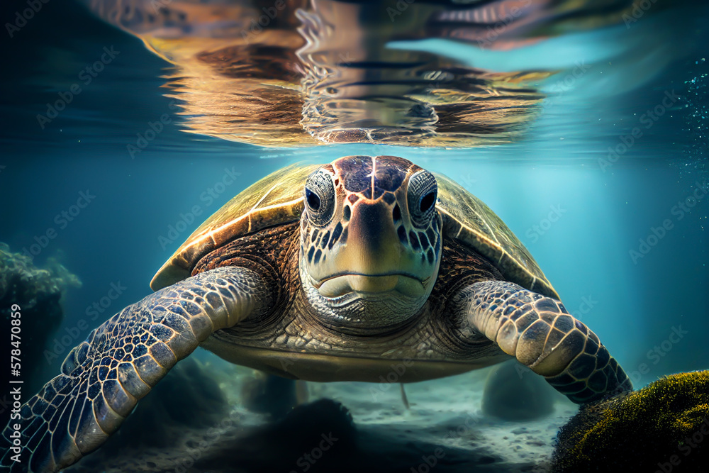 Turtle underwater in the sea. Sea Turtle swims underwater. Green sea ...