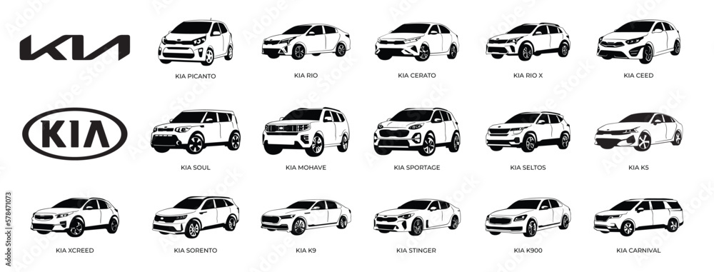 Vector silhouettes, icons of Kia brand cars Stock Vector | Adobe Stock