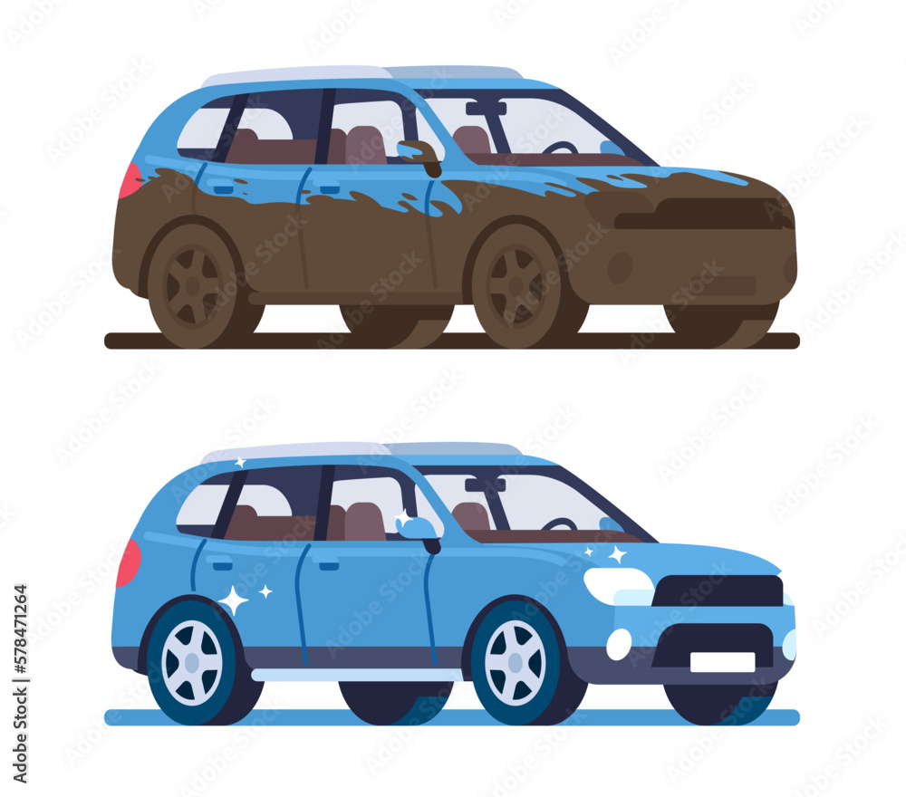 Dirty and clean car after washing. Carwash service. Care of muddy ...