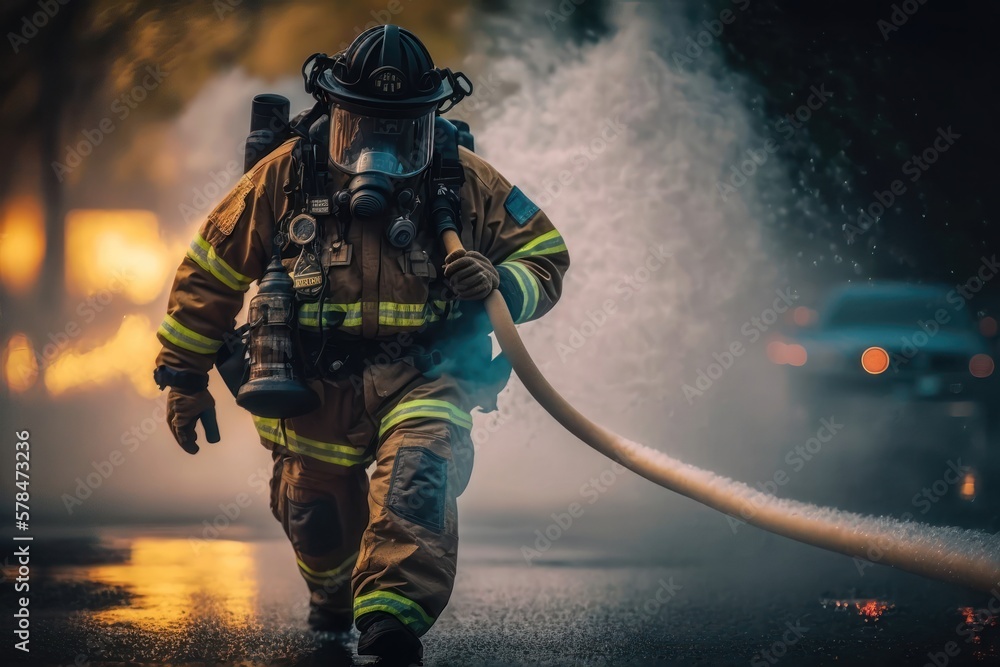 Focus of firefighter with water hose extinguishing fire on street. AI ...