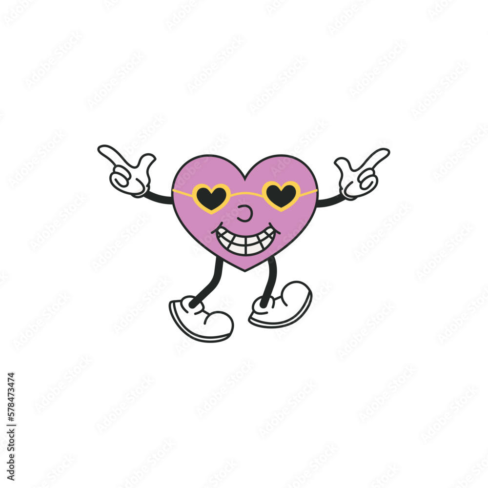 Weird cute heart character with rainbow in psychedelic 70 s style ...