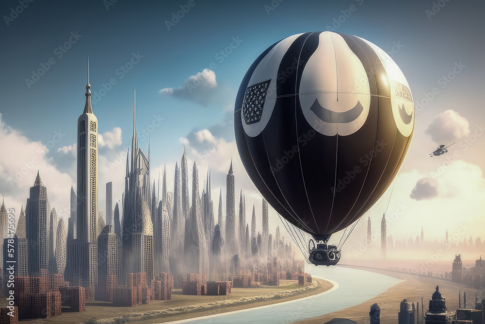 Spy balloon over a large city, data surveillance and monitor concept ...