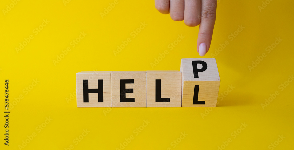 Help vs Hell symbol. Businessman hand Turnes cube and changes word Hell ...