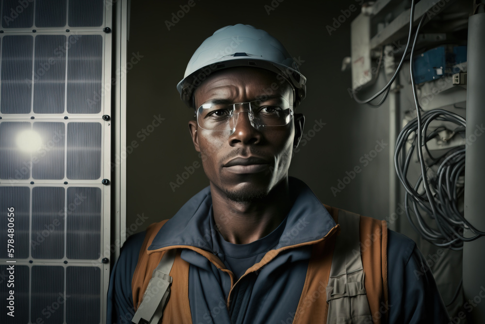 African professional electrician engineer wearing uniform, glasses, and ...