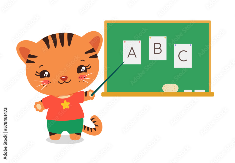 School student tiger standing next to chalkboard with pointer. Abc ...