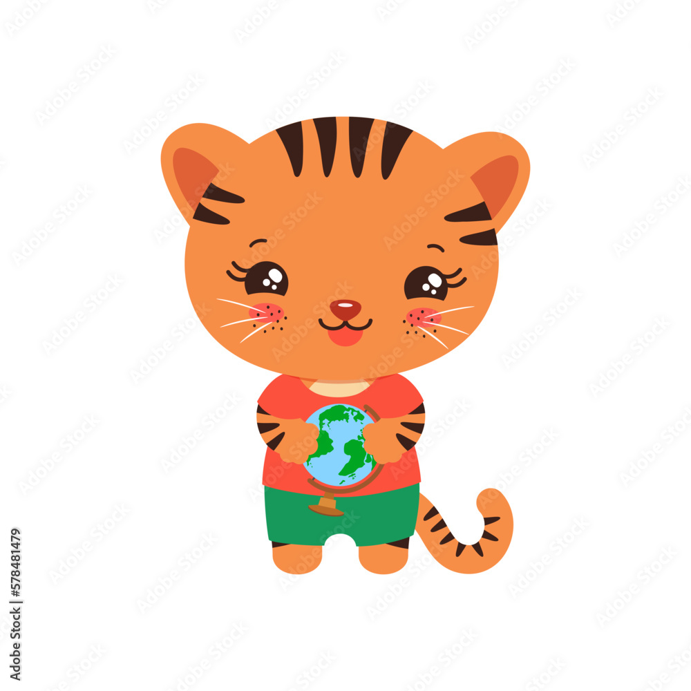 School student tiger holding a globe. Social studies learning ...