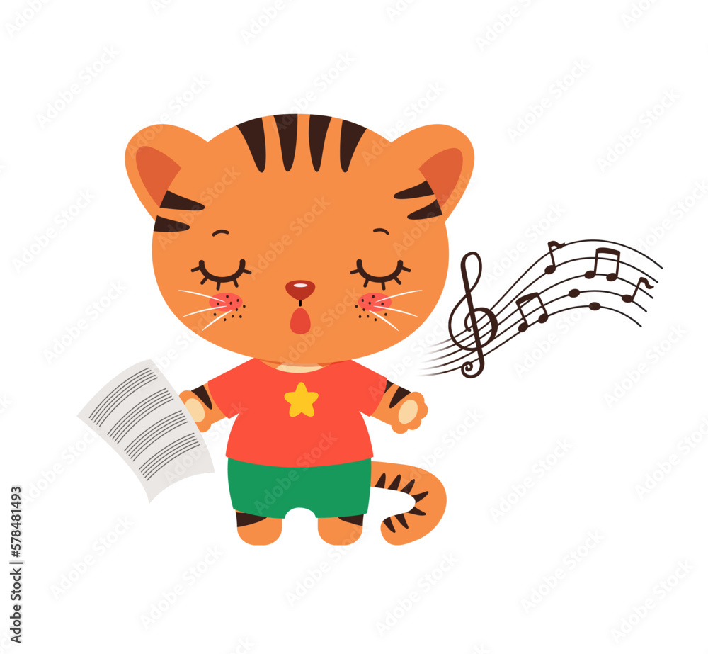 Singing animal cute tiger cartoon character. Kawaii tiger cub animal ...