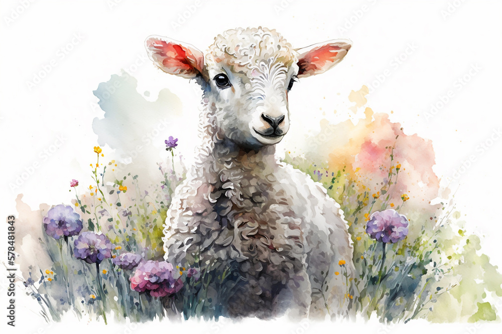Watercolor painting of cute lamb in a colorful flower field. Ideal for ...