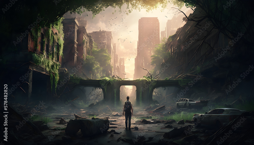 Zombie apocalypse, 20 years later with one person. Generative AI Stock ...