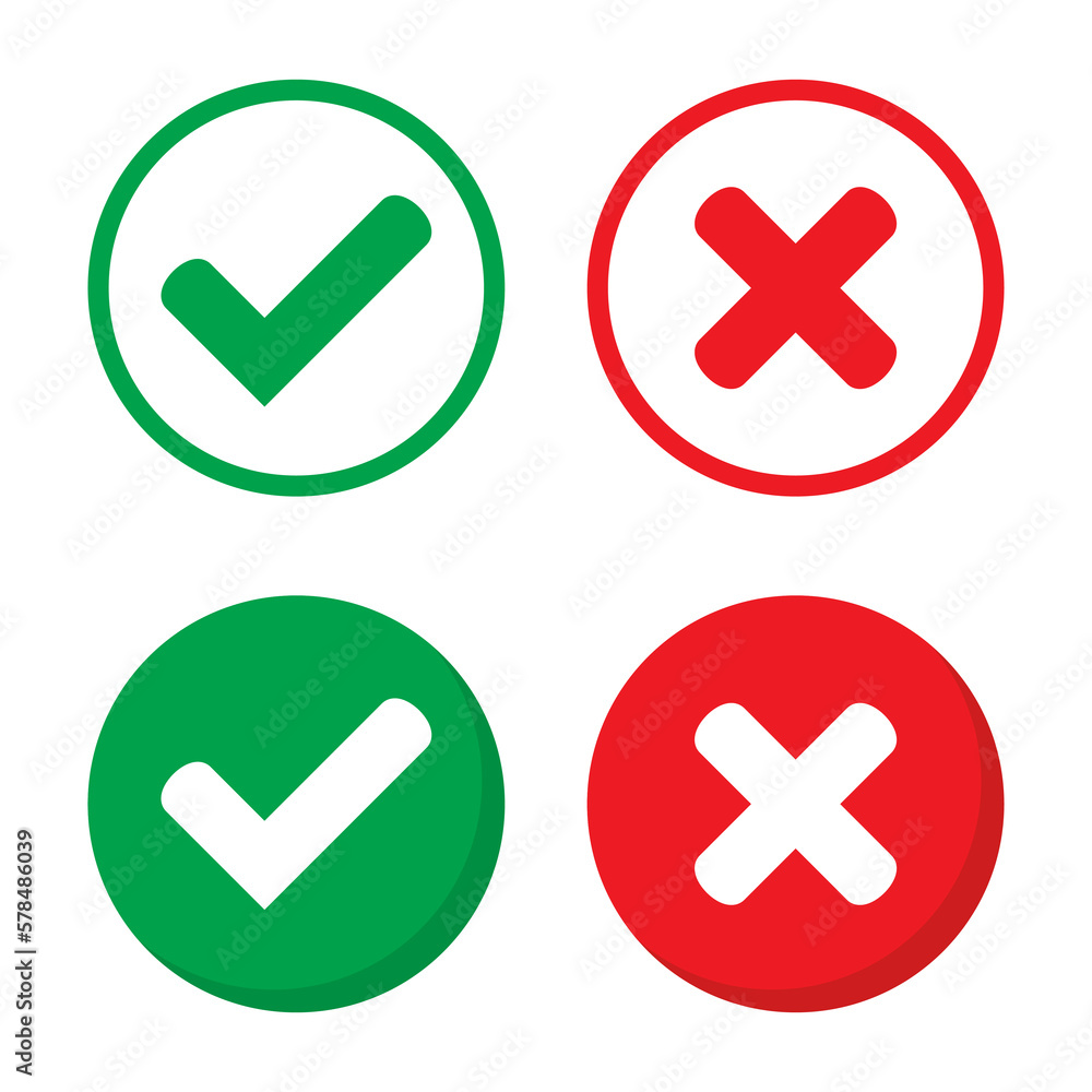 Green tick and red cross checkmarks in circle flat icons. Yes or no ...