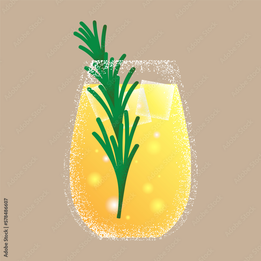 Clear lemonade glass with lemon juice. Twig of green rosemary, a yellow ...