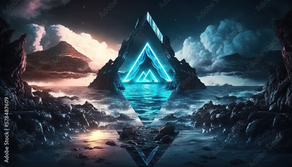 3d render, abstract futuristic background. Neon crest sign, triangle ...