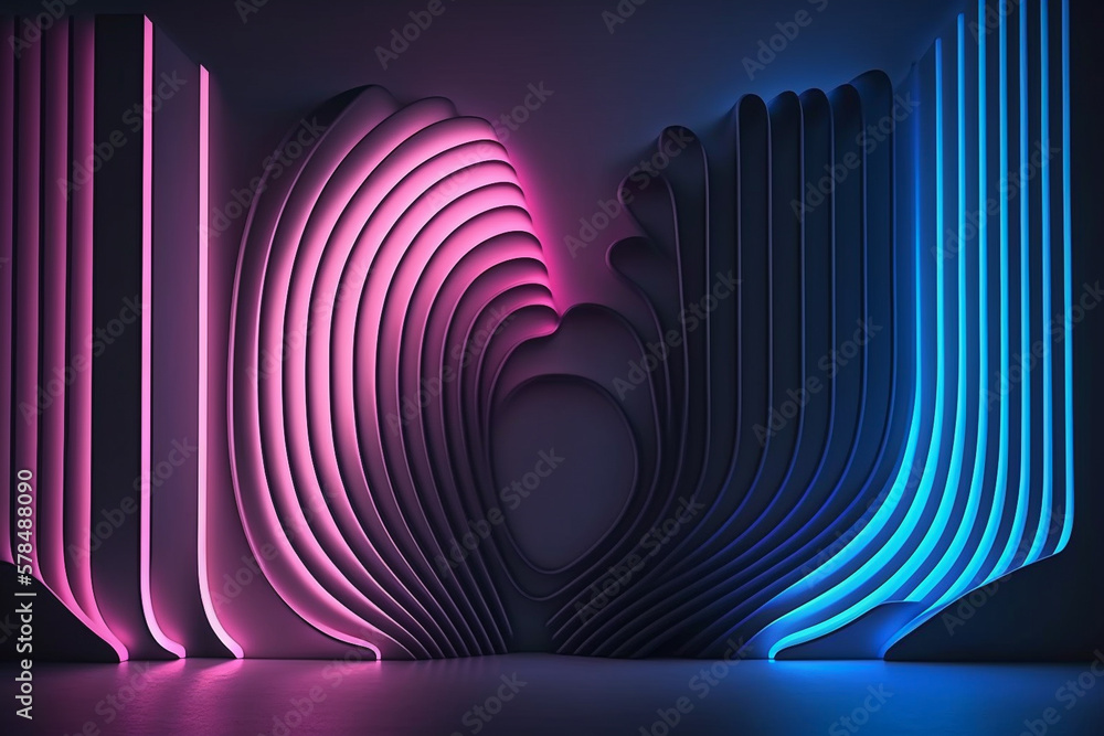 3d render, abstract pink blue neon background with glowing curvy line ...