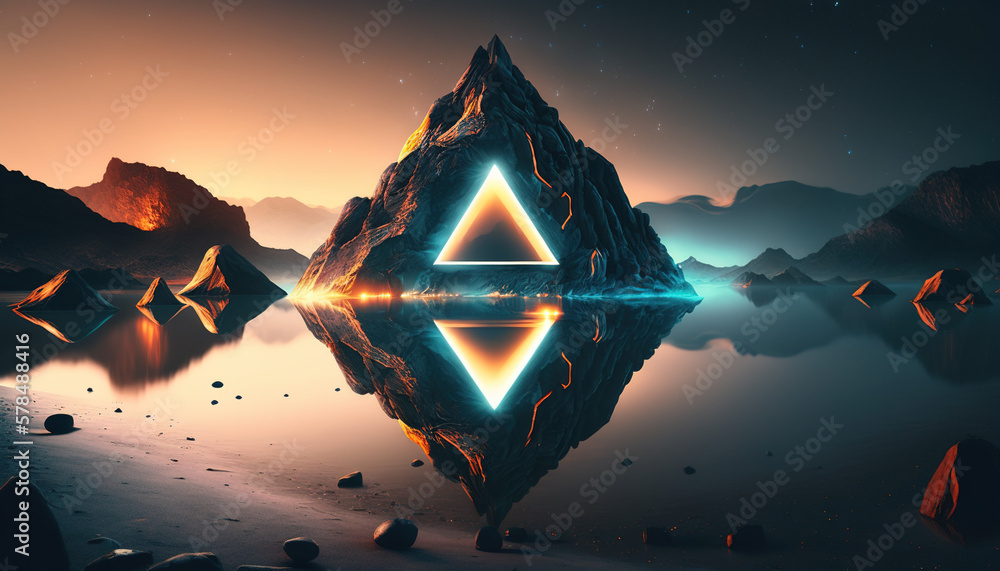 3d render, abstract futuristic background. Neon crest sign, triangle ...