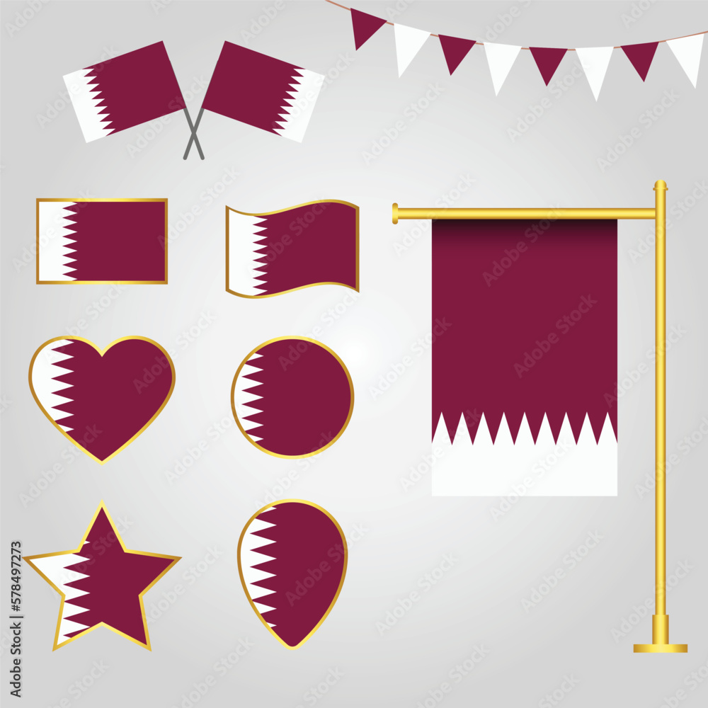 Vector collection of Qatar flag emblems and icons in different shapes ...