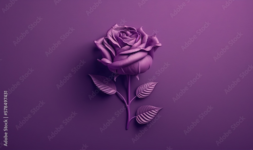 a single purple rose with leaves on a purple background with a shadow ...