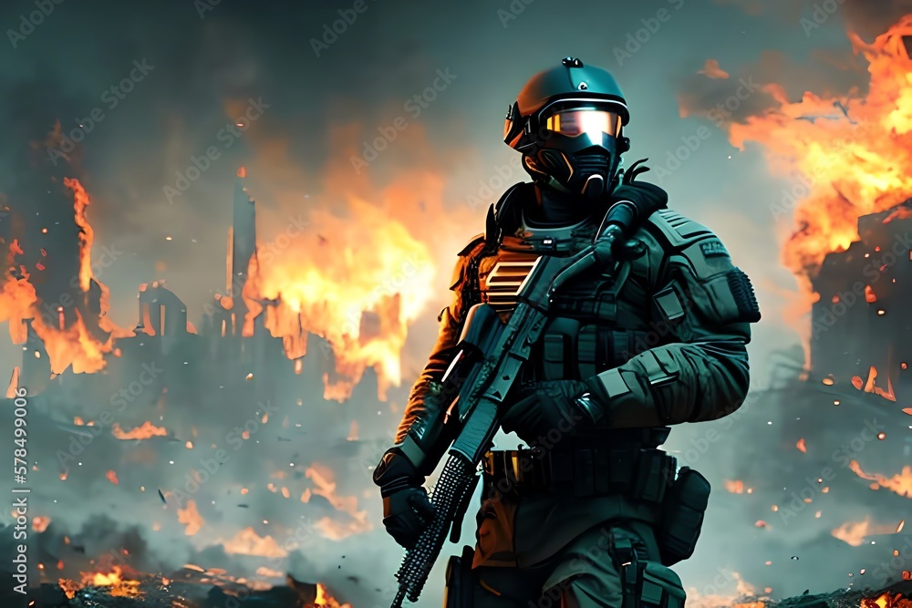 Futuristic Soldier With Mask, Burning Night City Background ...