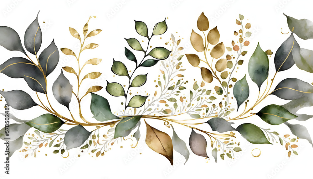 Watercolor Green Gold Leaves And Branches, For Wedding Stationary ...