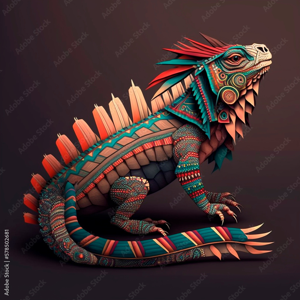 Mexican Mayan style iguana illustration. Volumetric Aztec style lizard ...