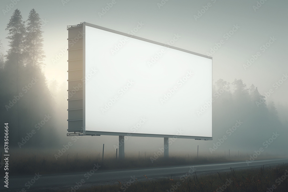 Billboard mockup at the highway in forest, sunrise setting with fog and ...