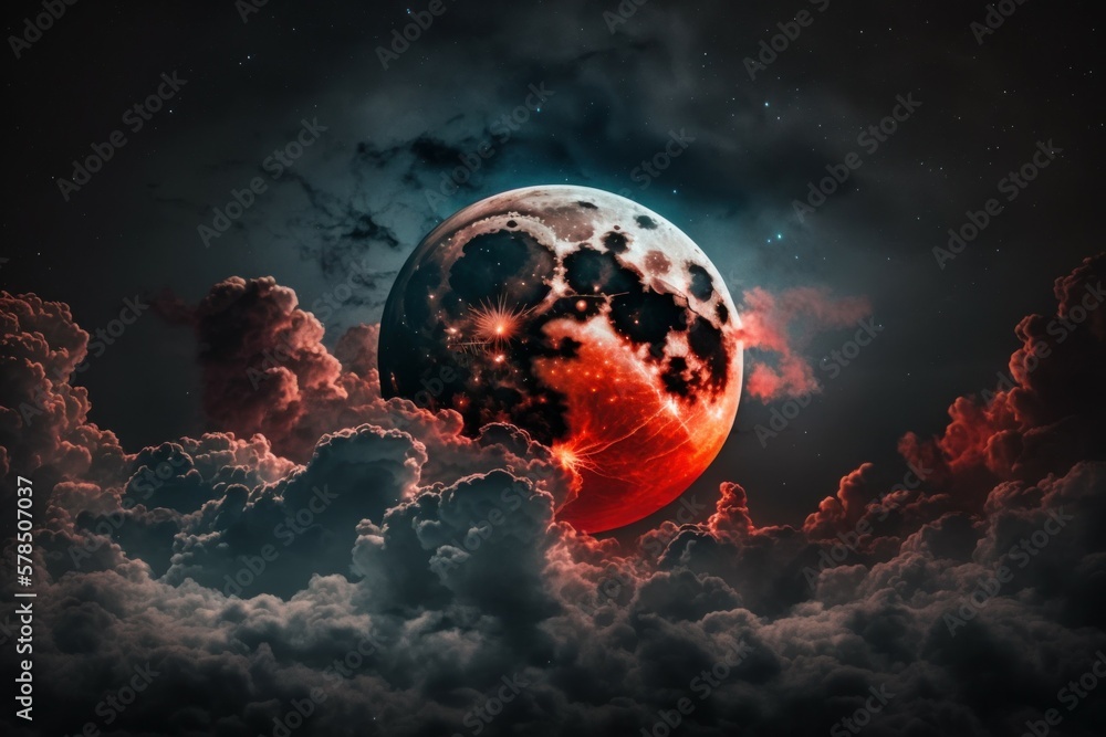 Blood Moon, Red moon, real full blood moon in black sky with cloud. AI ...