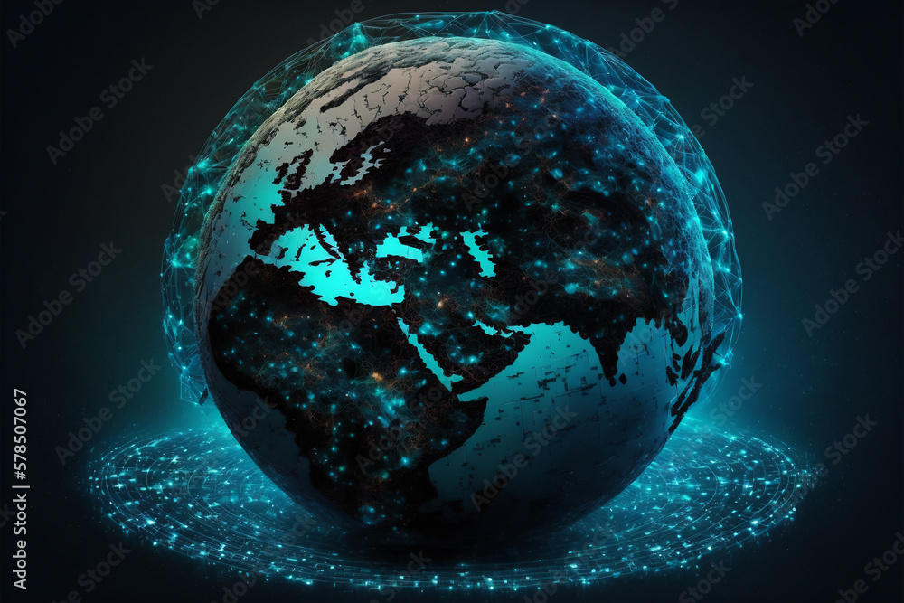 Earth Communications network map of the world. Dark blue background map ...