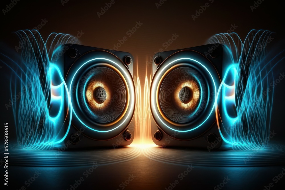 Two sound speakers in neon light with sound wave between them ...