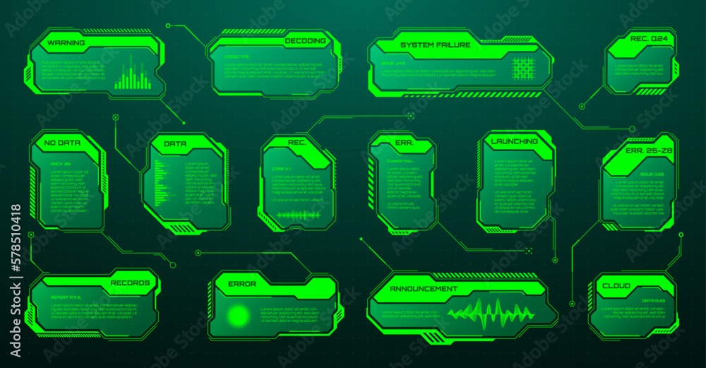 Green futuristic HUD, UI elements. Sci-fi user interface text boxes ...